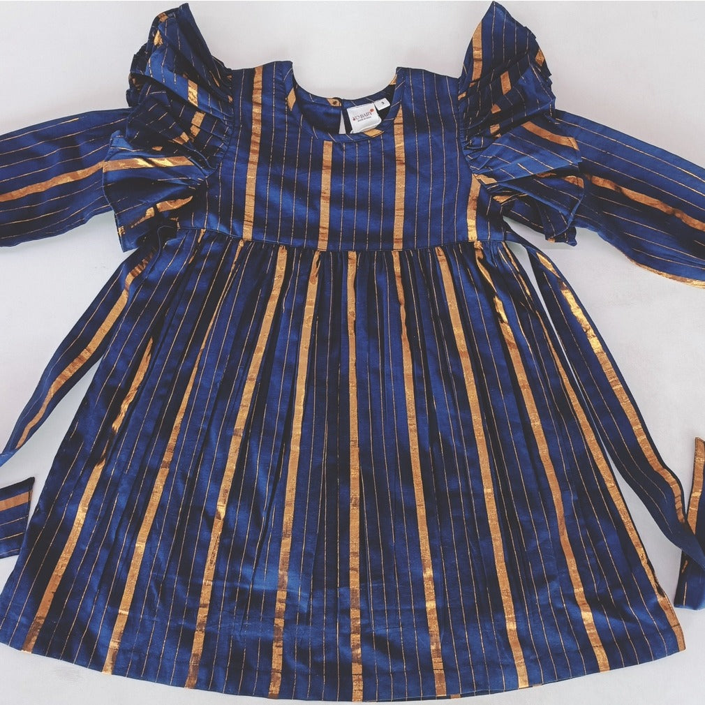 Yo Baby Navy Solid Color Lurex Ruffle Long Sleeve Dress - 2T ...